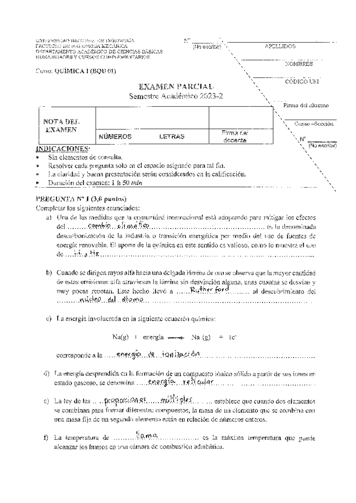 Solucionario Examen Parcial Quimica 1 2023- 2 - UNIVERSIDAD NACIONAL DE INGENIERÍA FACULTAD DE ...
