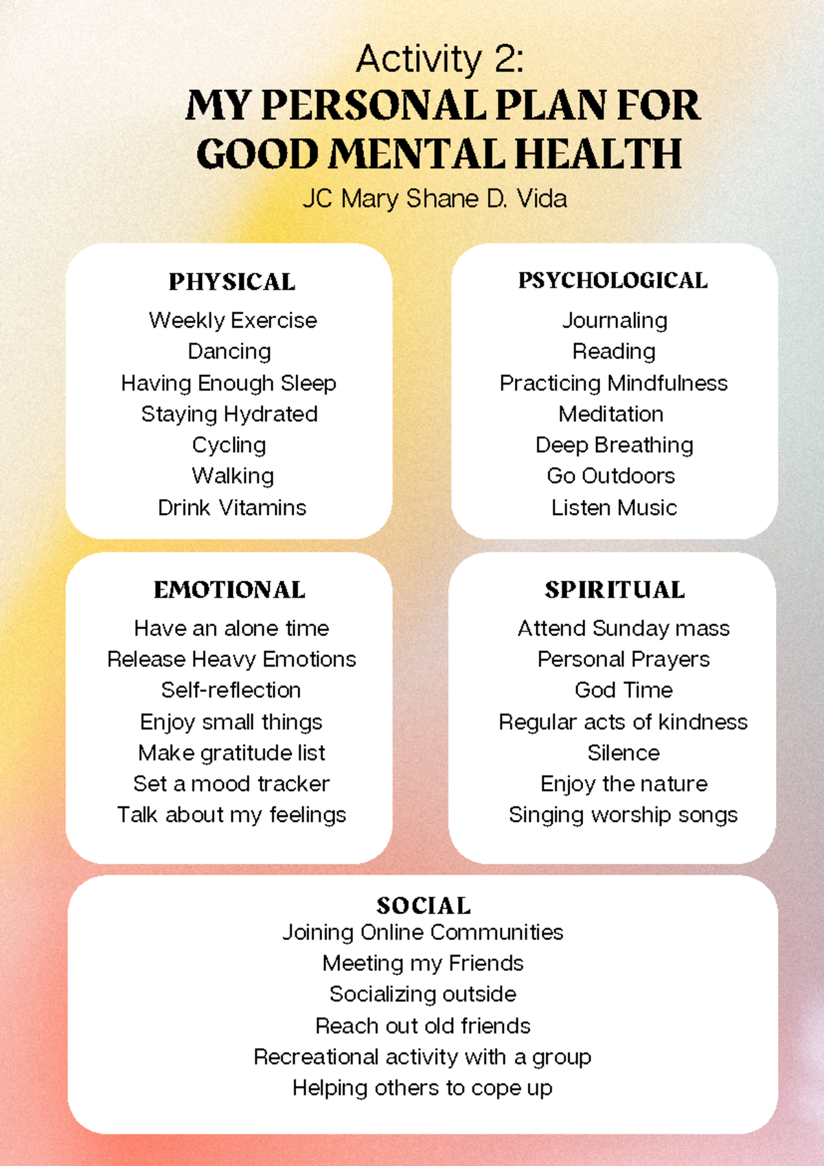 Perdev activity - PHYSICAL SOCIAL MY PERSONAL PLAN FOR GOOD MENTAL ...