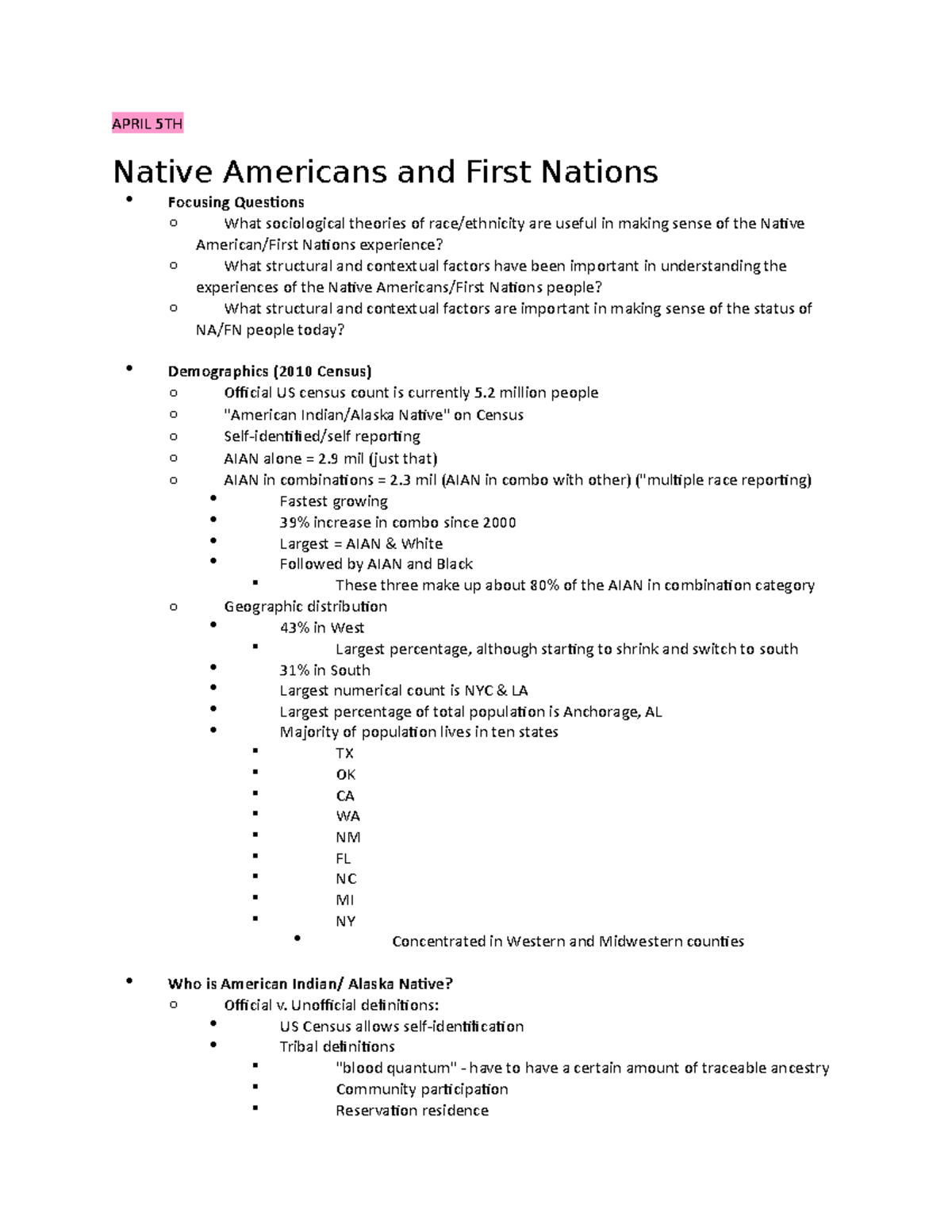 R&e exam 2 review - Lecture notes 4-8 - APRIL 5TH Native Americans and ...