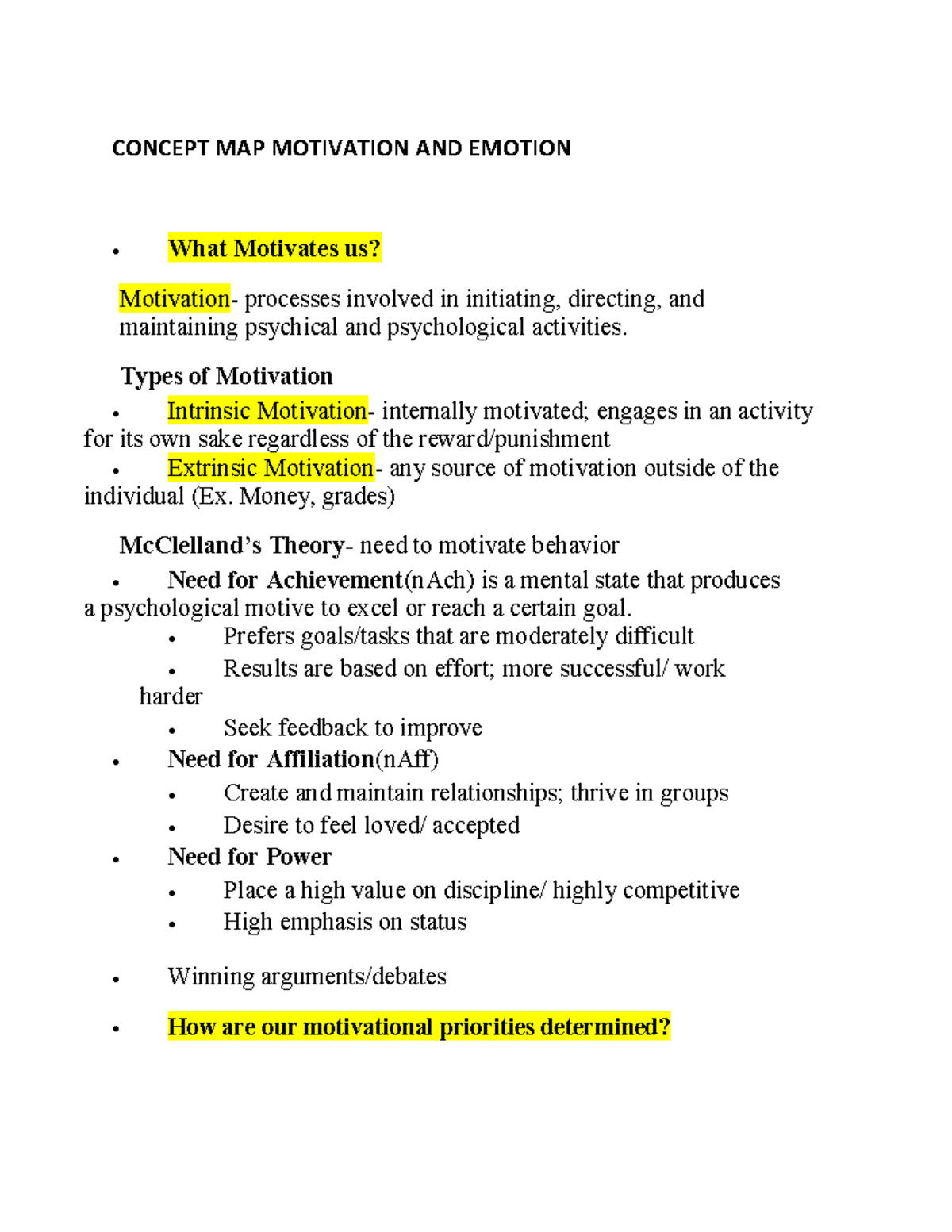 Concept map Motivation and Emotion Psychology - CONCEPT MAP MOTIVATION ...