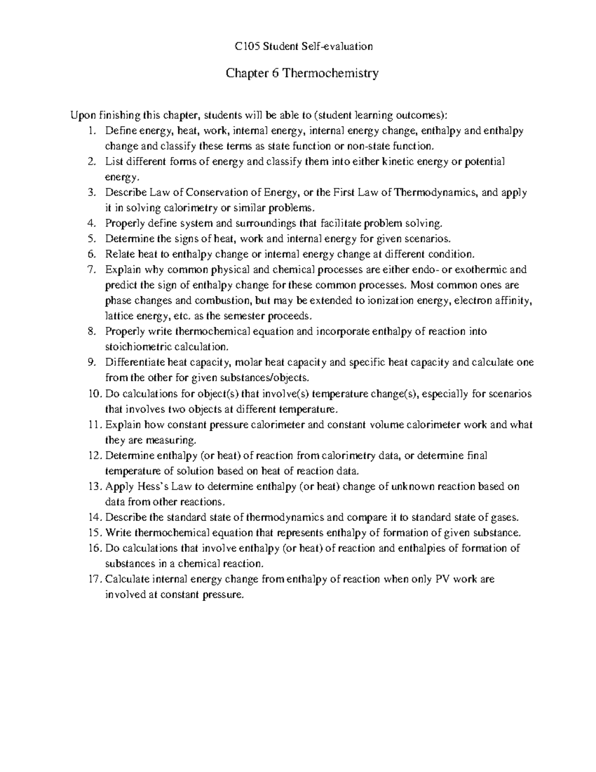 Self eval Chapter 6 Thermochemistry - C105 Student Self-evaluation ...