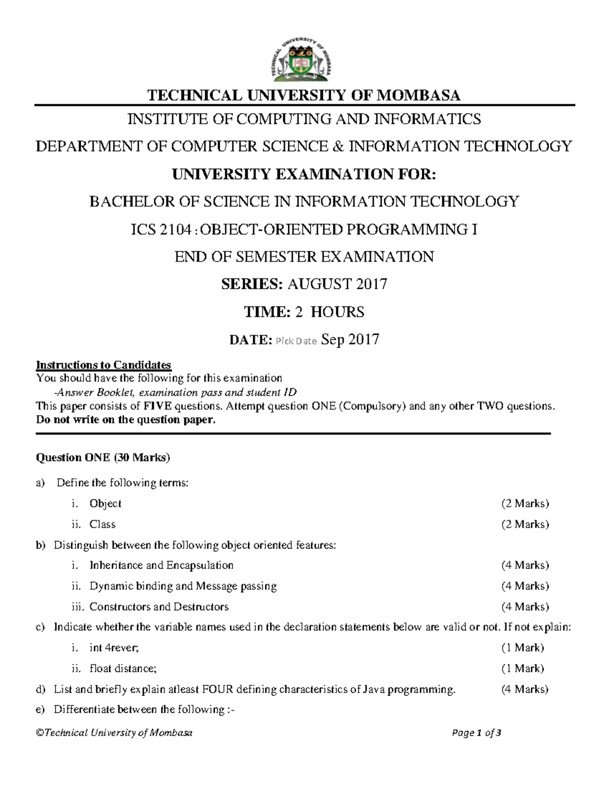 34.ICS 2104 OOP -Paper II - ©Technical University of Mombasa Page 1 of ... 34.ICS 2104 OOP -Paper II - ©Technical University of Mombasa Page 1 of ...