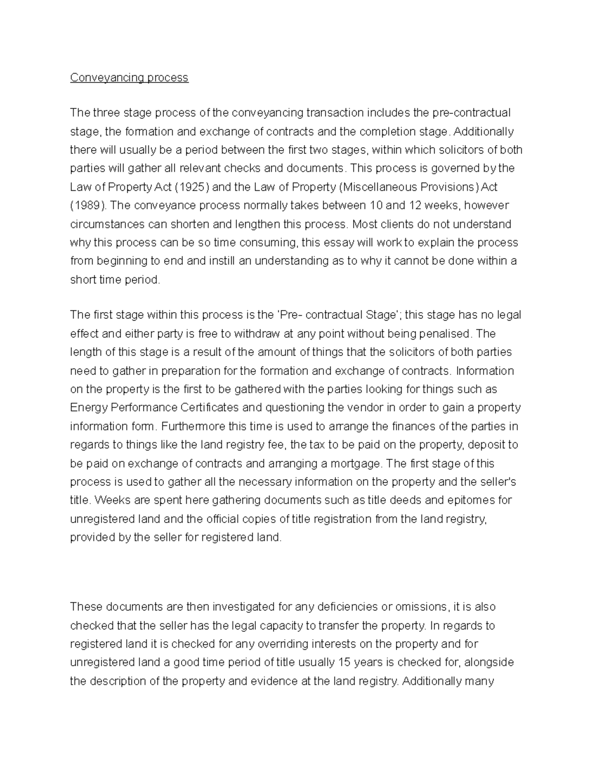 Land Law - Conveyancing process - Conveyancing process The three stage ...