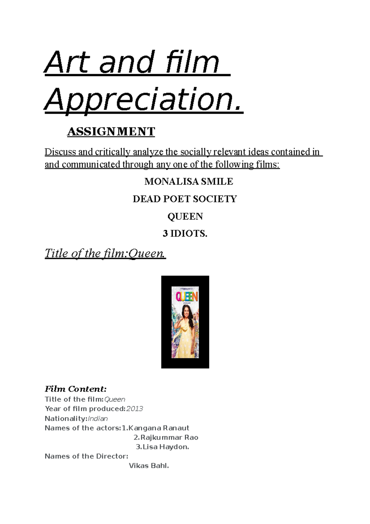 Assignment art and Film - Art and film Appreciation. ASSIGNMENT Discuss ...