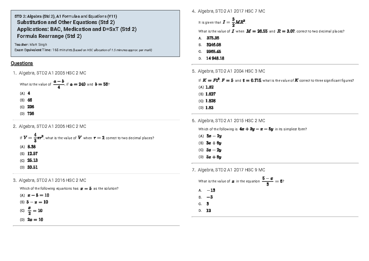 Algebra 1 pdf - 1. Algebra, STD2 A1 2005 HSC 2 MC 2. Algebra, STD2 A1 2006 HSC 2 MC 3. Algebra ...