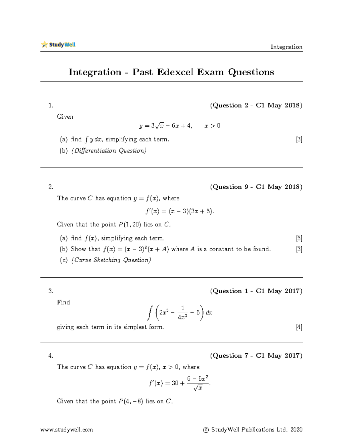 Integration Exam Questions - Integration - Past Edexcel Exam Questions ...