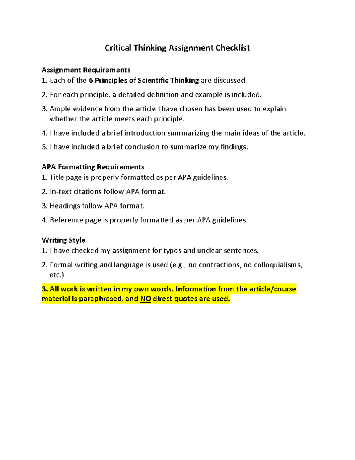 Critical Thinking Assignment Checklist - Critical Thinking Assignment ...