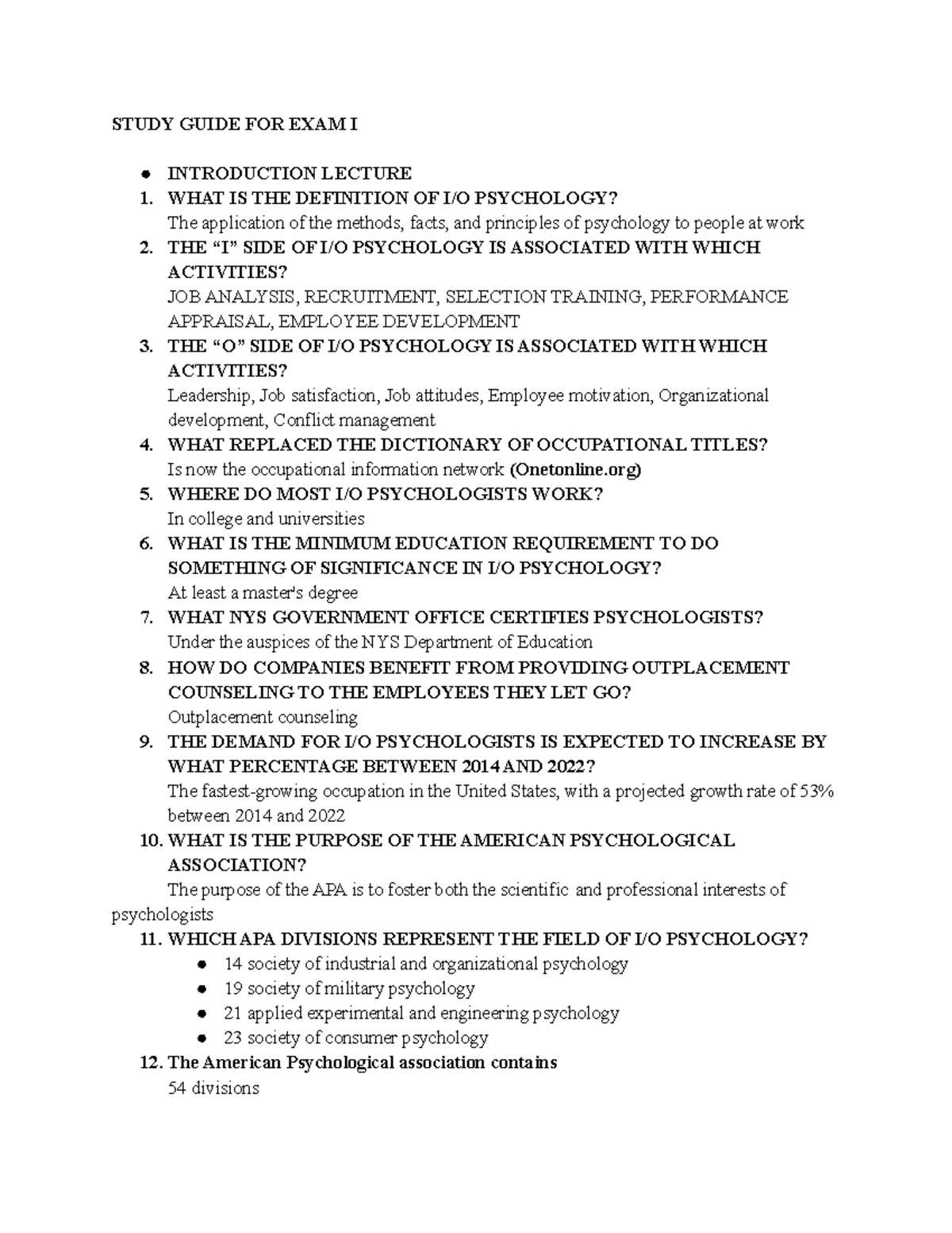 I o psych Study Guide FOR EXAM I - STUDY GUIDE FOR EXAM I INTRODUCTION ...
