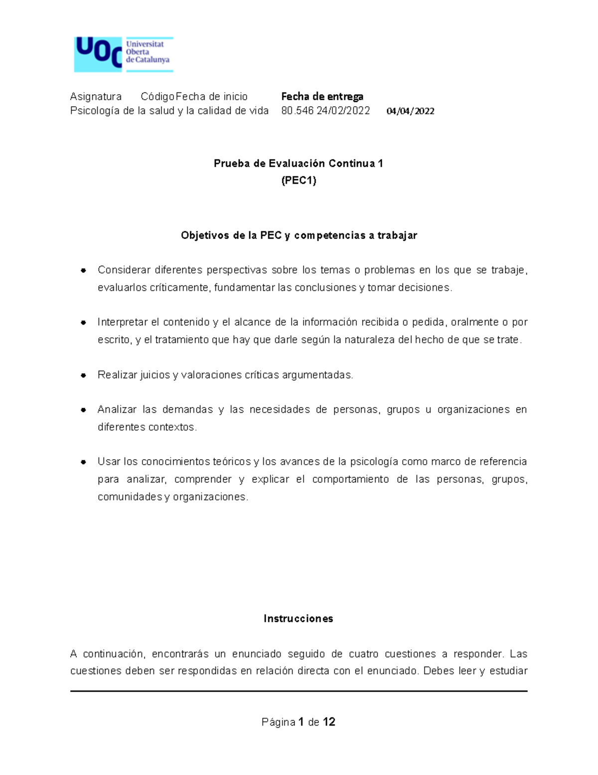 PEC 1 laura peña - Lenguaje sencillo. Nota 6. - Psicología de la salud y la calidad de vida 80 ...