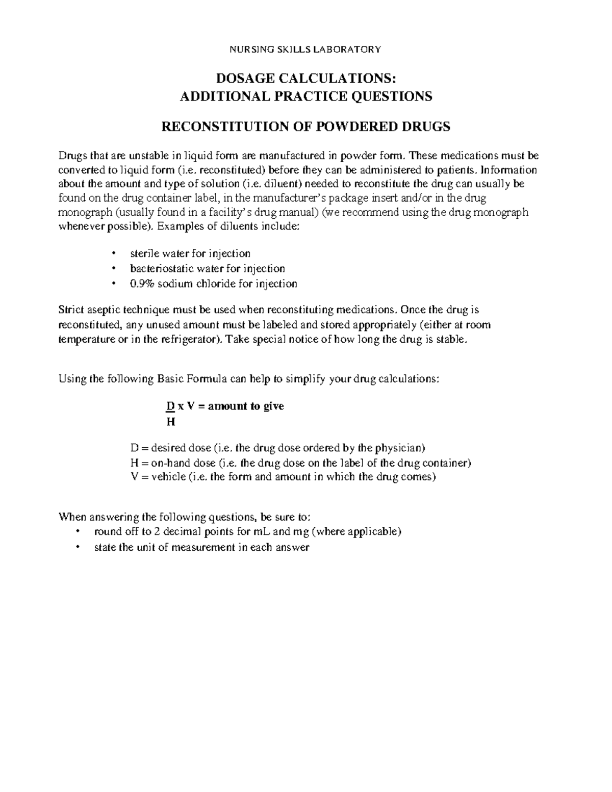 Reconstitution of Powdered Drugs F 19 - NURSING SKILLS LABORATORY ...