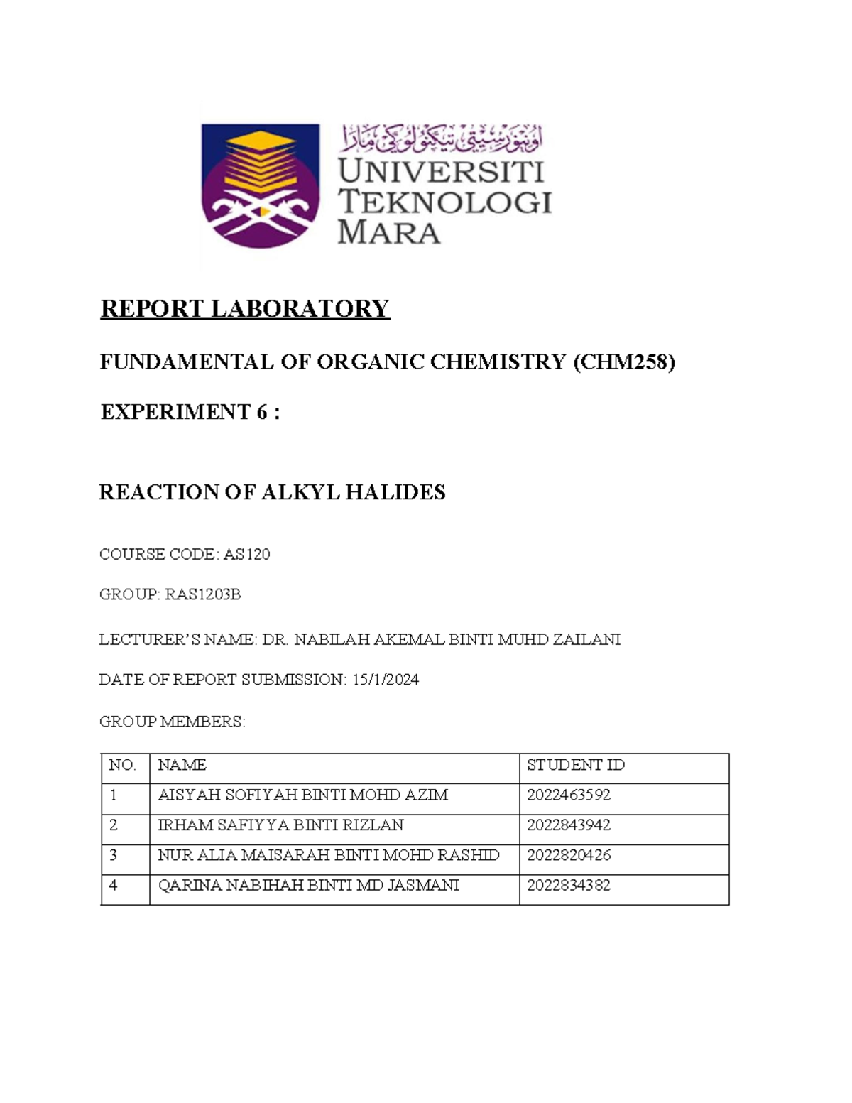 Report Laboratory EXP 6 CHM - REPORT LABORATORY FUNDAMENTAL OF ORGANIC ...