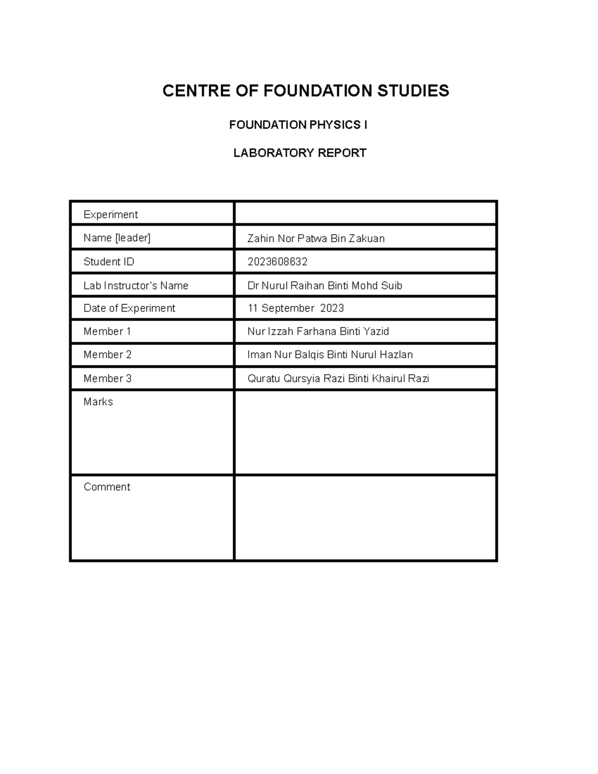 Lab report physic experiment 5, group 5 - CENTRE OF FOUNDATION STUDIES FOUNDATION PHYSICS I ...