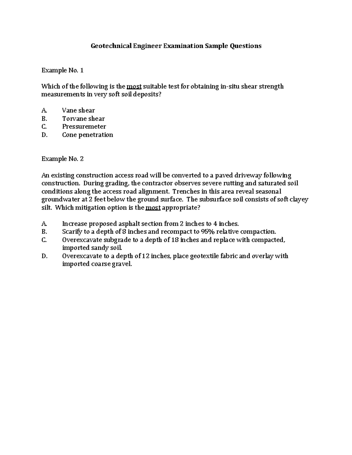 Sample ge questions - Geotechnical Engineer Examination Sample Questions Example No. 1 Which of ...