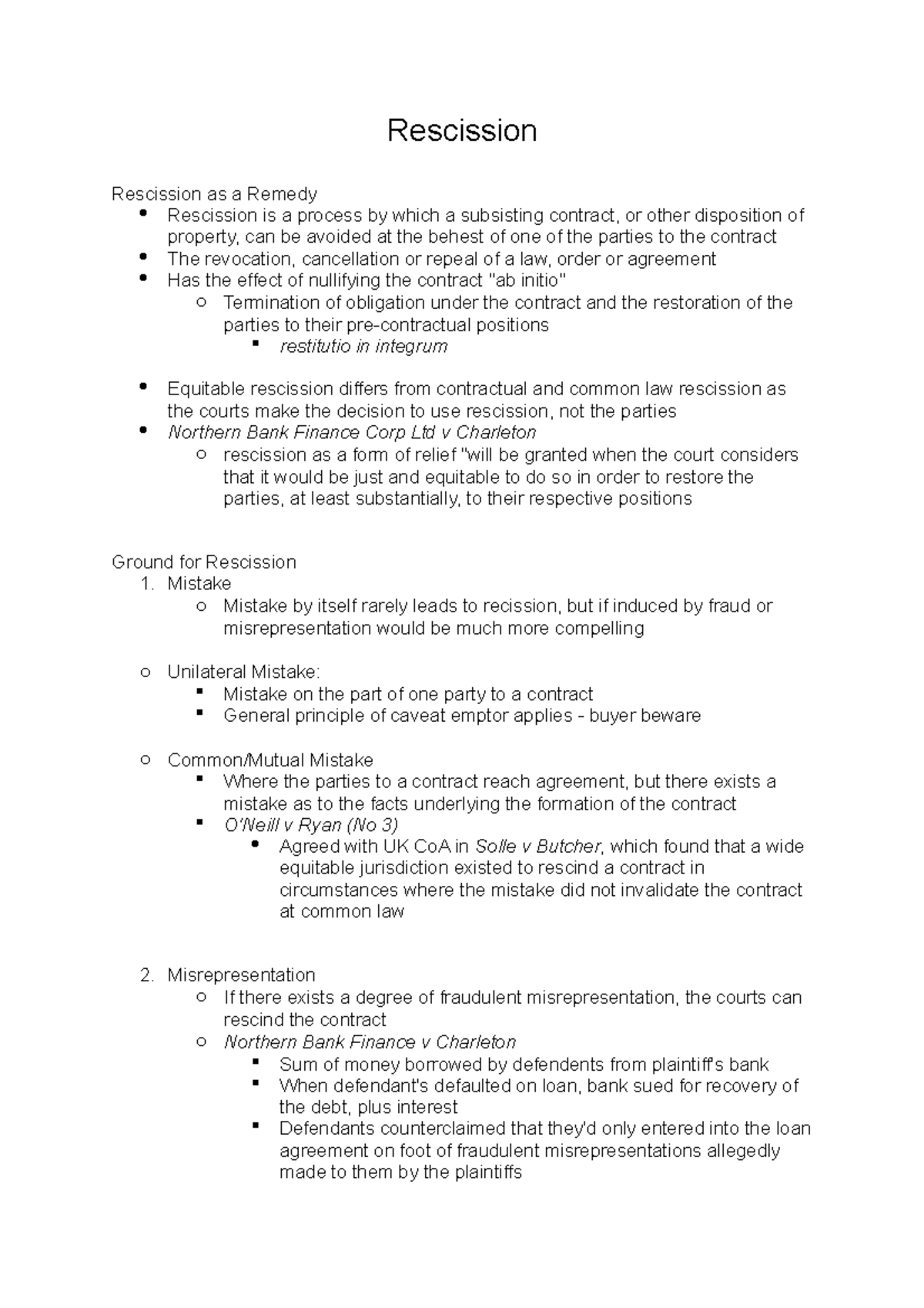 Rescission in Equity - Rescission Rescission as a Remedy Rescission is ...