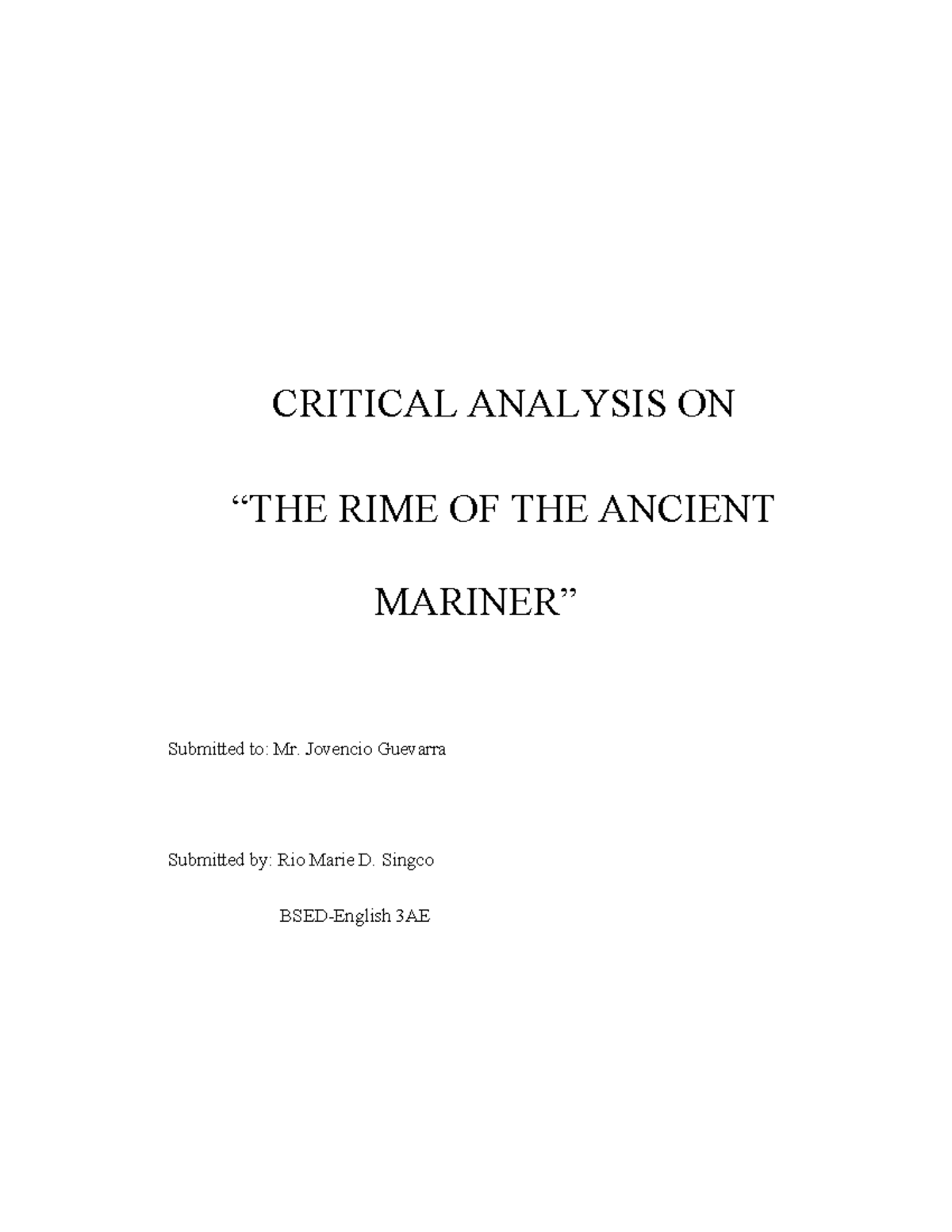 The Rime of The Ancient Mariner Analysis - CRITICAL ANALYSIS ON “THE ...