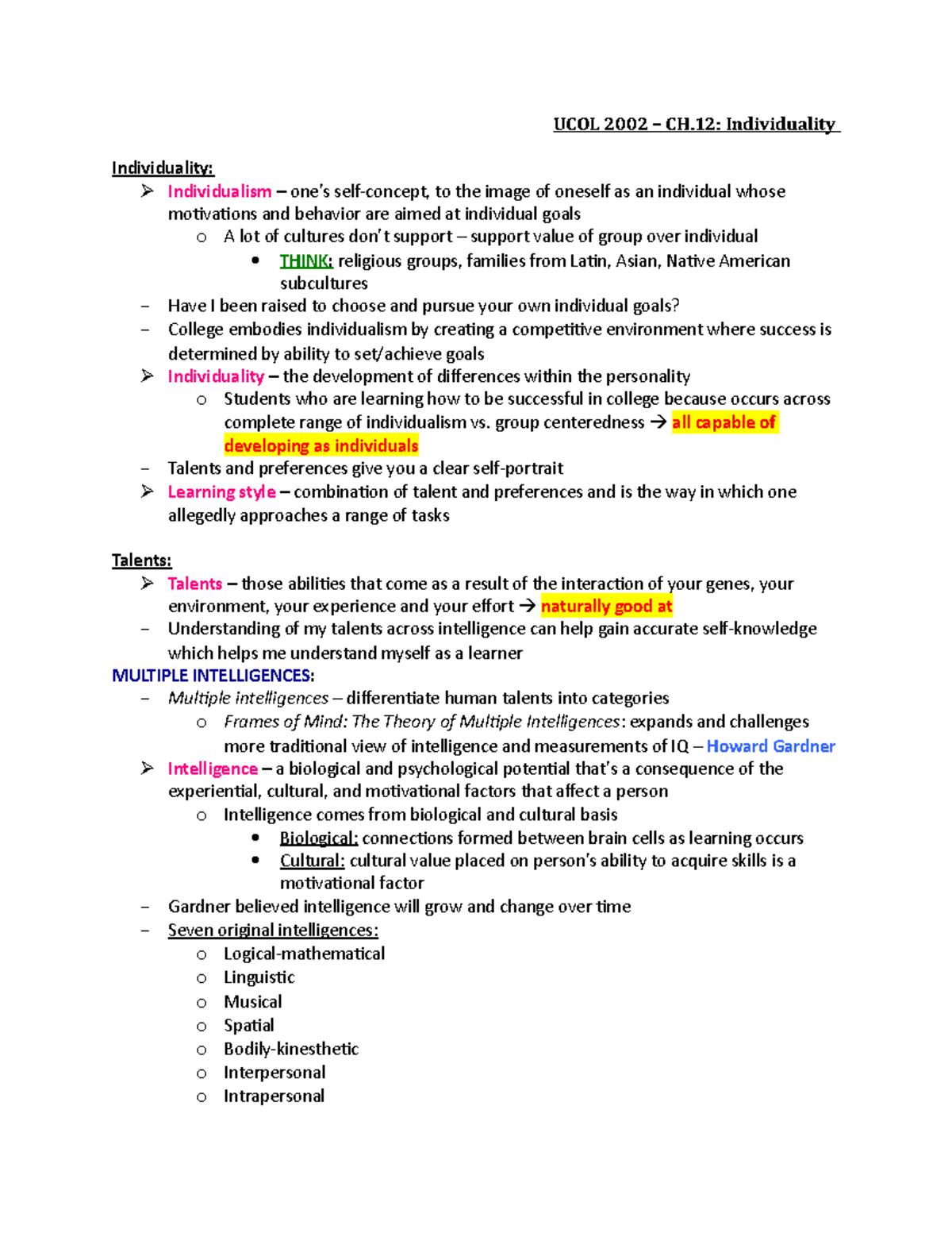 CH. 12 - Individuality - Chapter 12 Book Notes - UCOL 2002 CH ...
