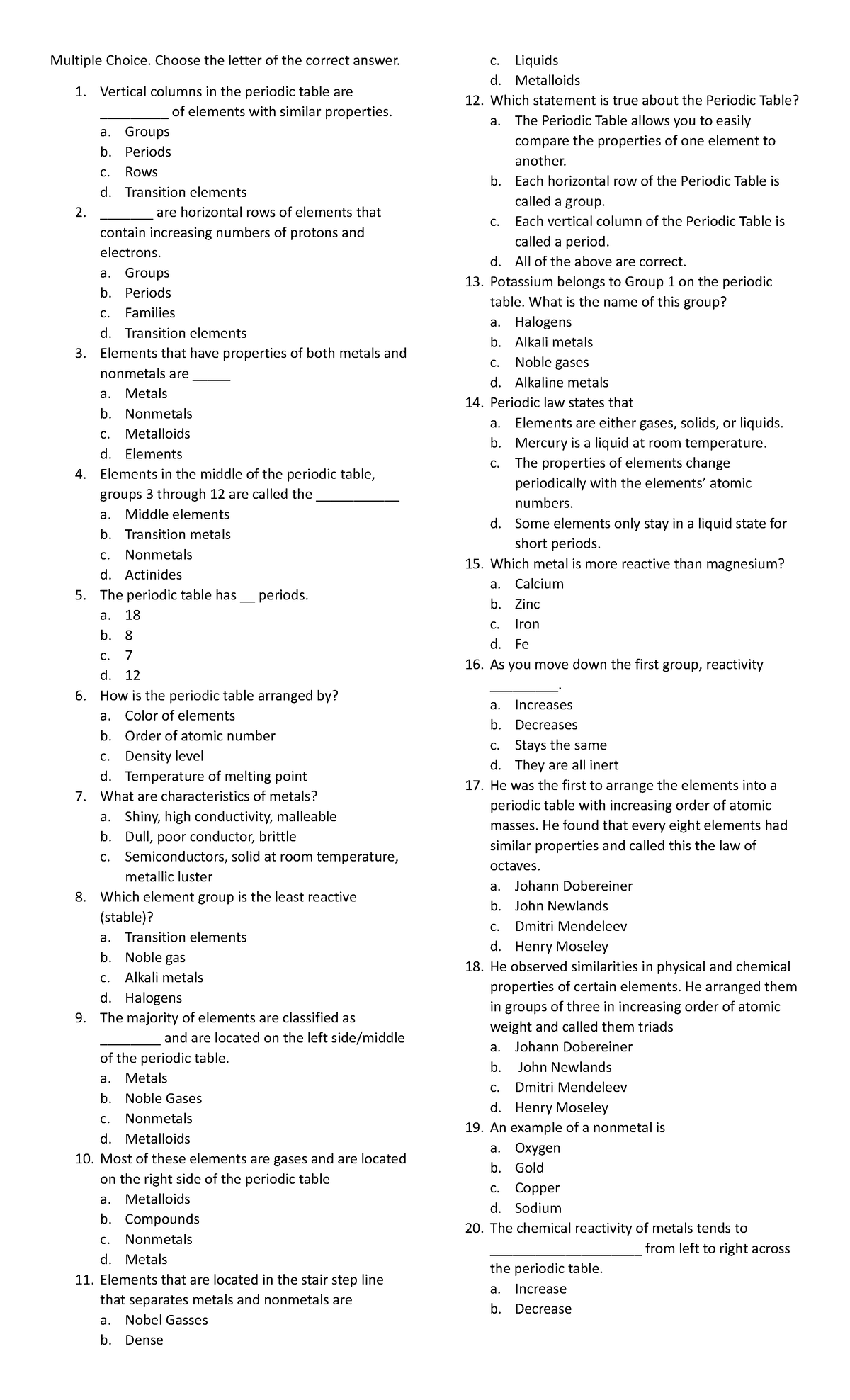 Summative test - april 17, 2023 - Multiple Choice. Choose the letter of ...