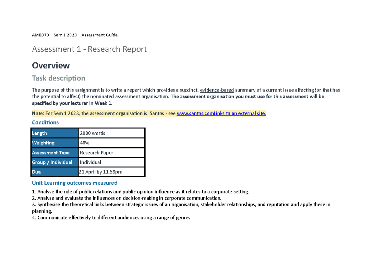 AMB373 Assessment Guide 1 - AMB373 – Sem 1 2023 – Assessment Guide ...