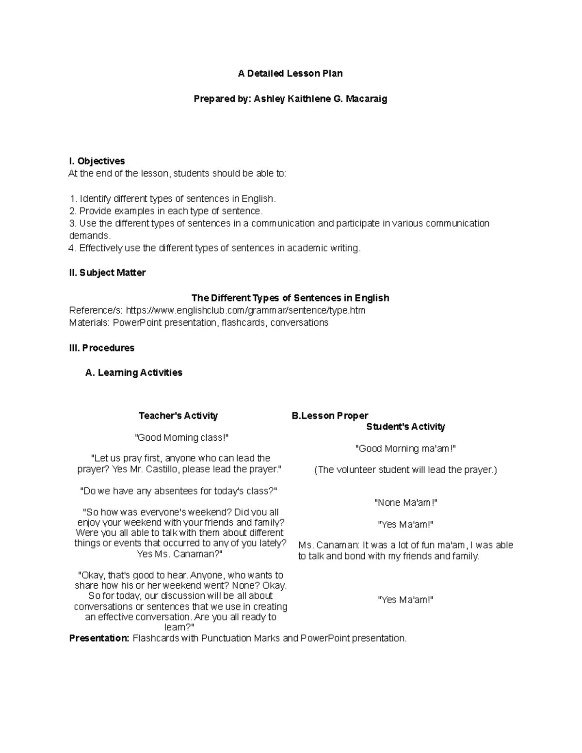 Detailed lesson plan - A Detailed Lesson Plan Prepared by: Ashley ...