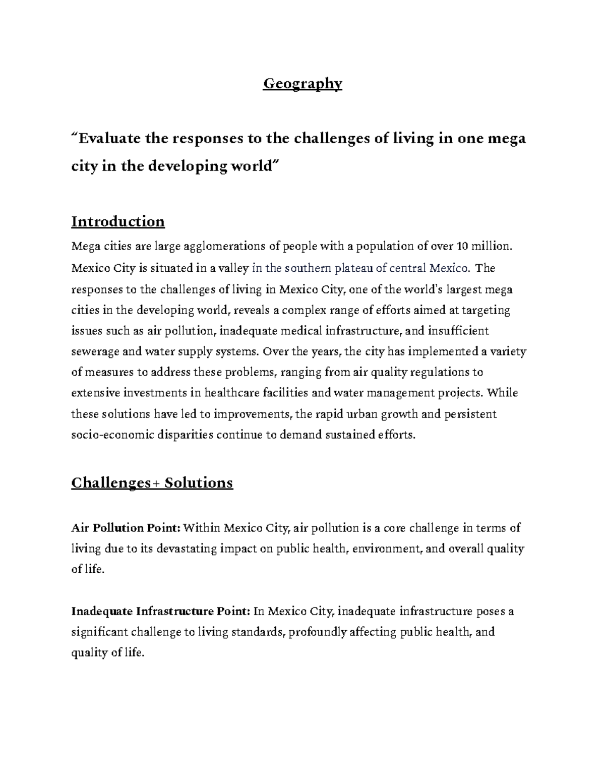 Geography - Mexico City - challenges and responses - Geography ...