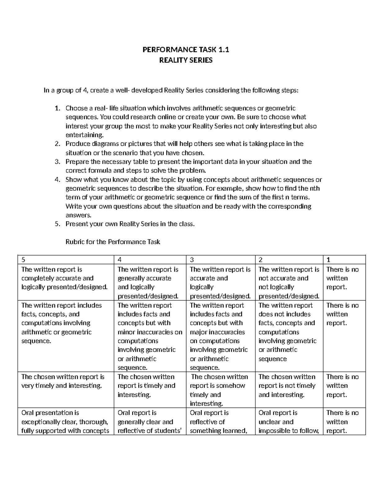 Performance-TASK-1 - bloop - PERFORMANCE TASK 1. REALITY SERIES In a group of 4, create a well ...