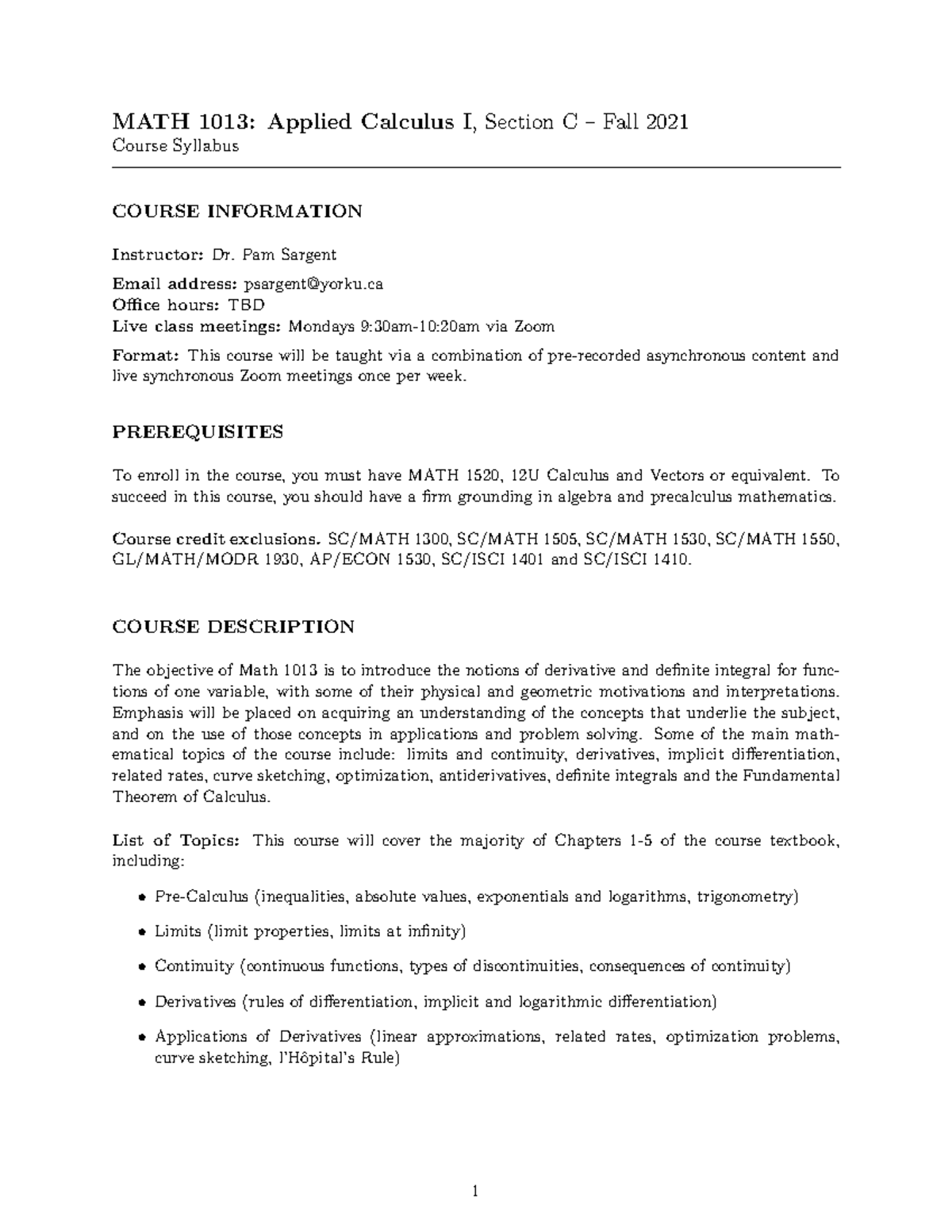 MATH1013C Course Syllabus Fall 2021 - MATH 1013: Applied Calculus I, Section C – Fall 2021 ...