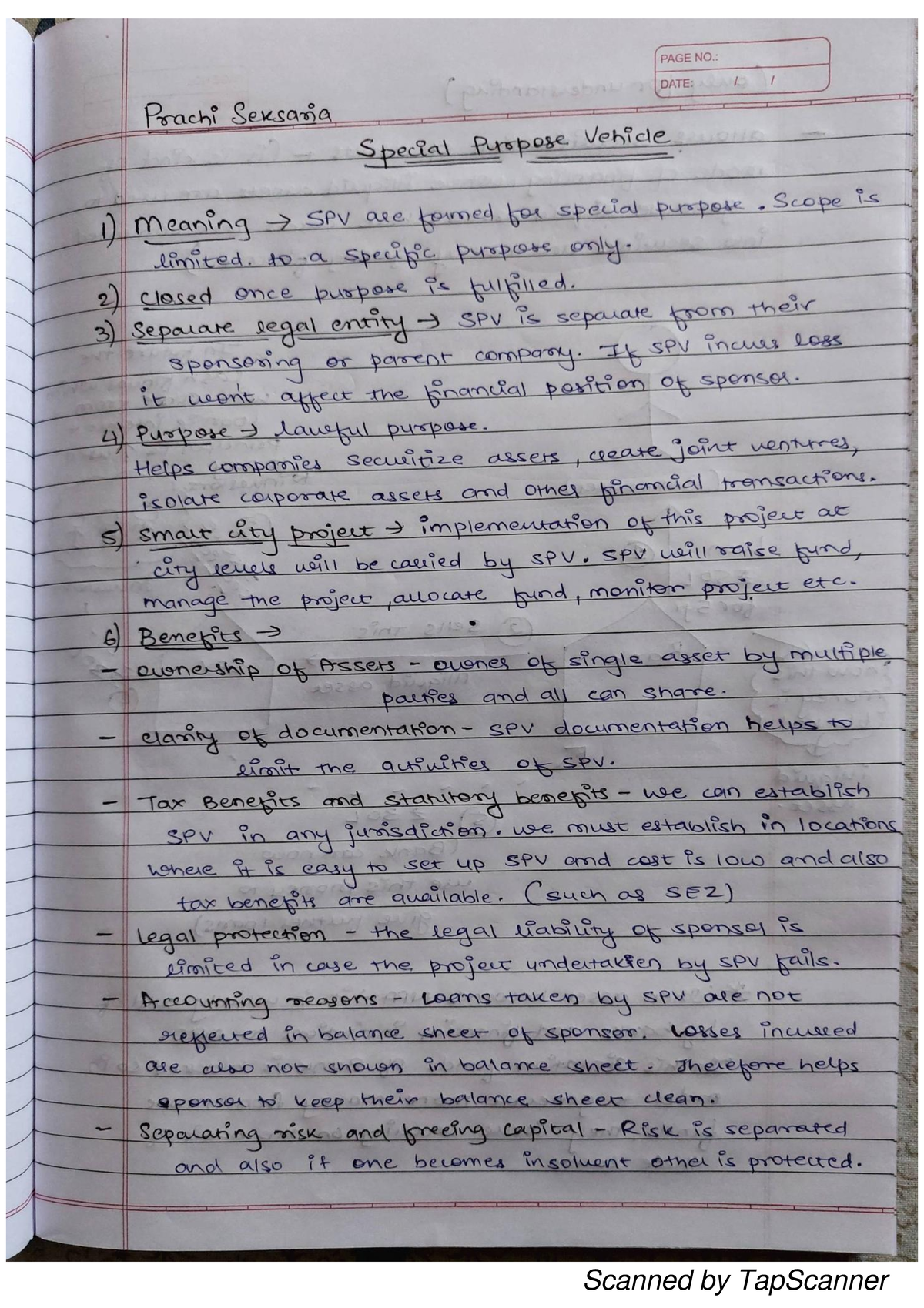 Special purpose vehicle - handwritten notes - PAGE NO.: DATE: L Prachi ...