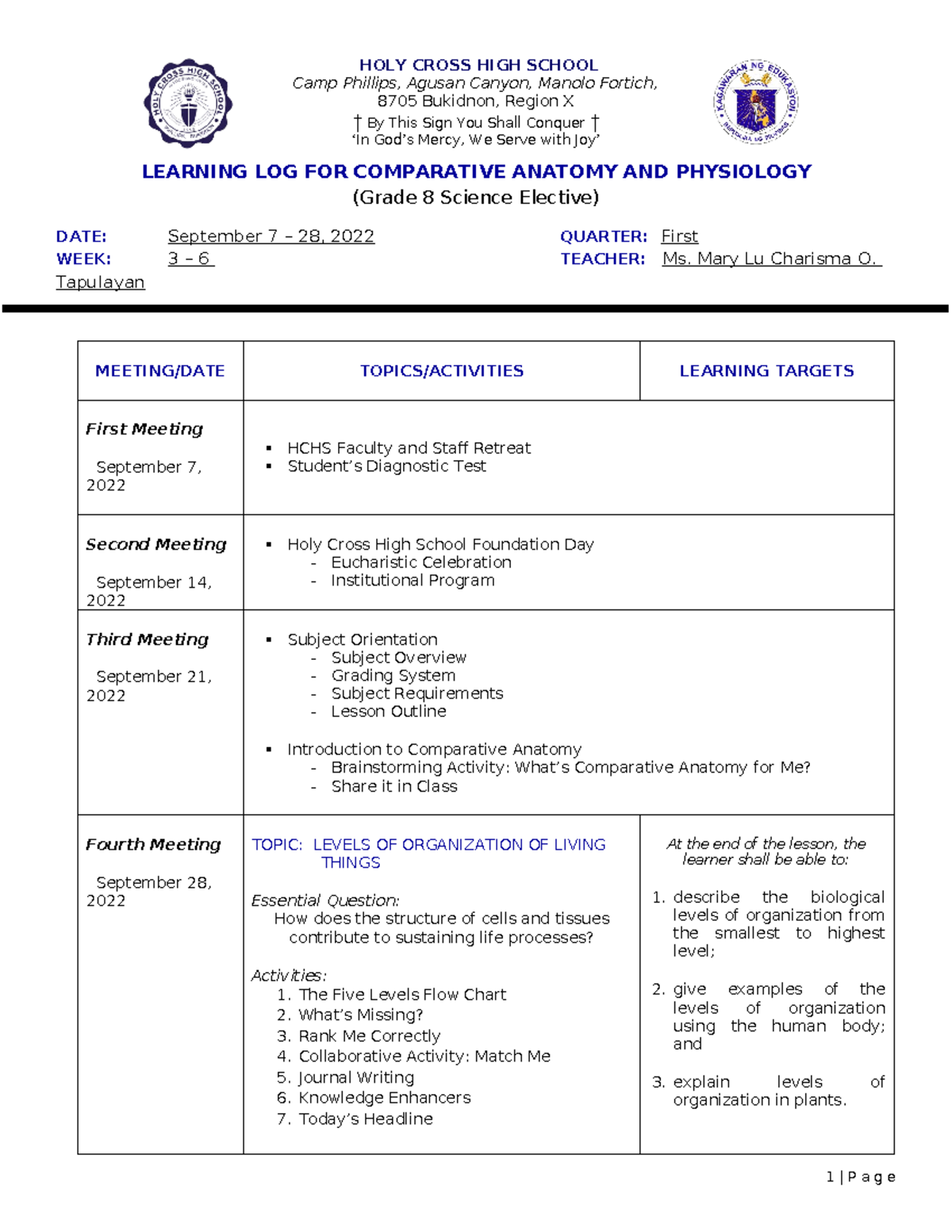 Learning-Log - It is used in private school - HOLY CROSS HIGH SCHOOL ...