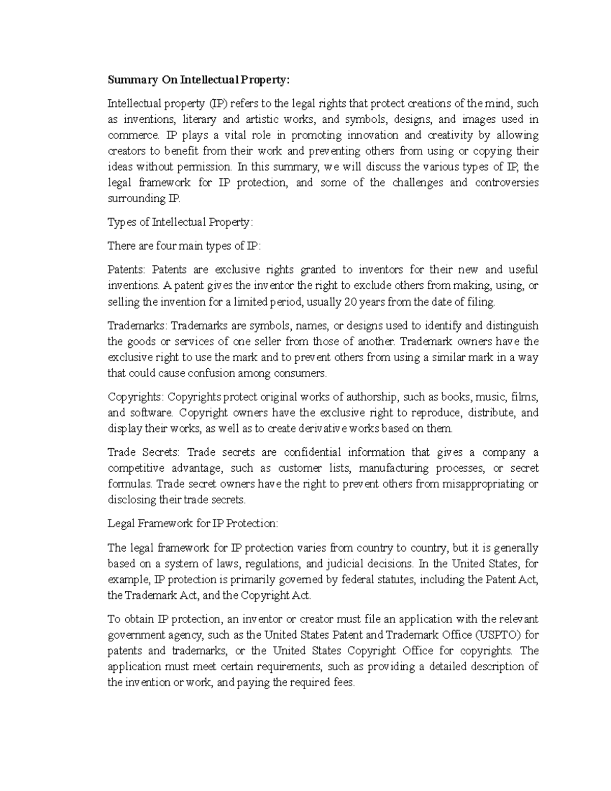 Summary On Intellectual Property - Summary On Intellectual Property ...