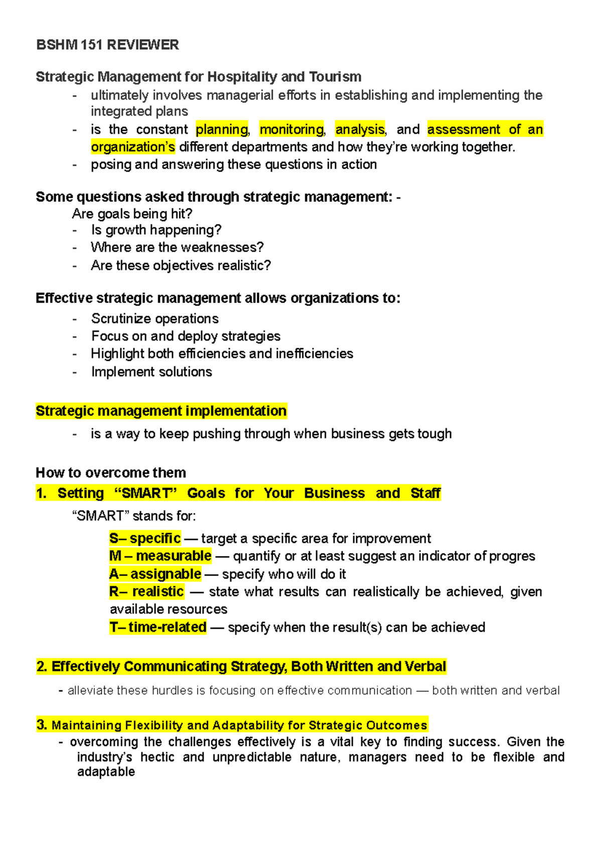 BSHM-151- Reviewer - BSHM 151 REVIEWER Strategic Management for ...