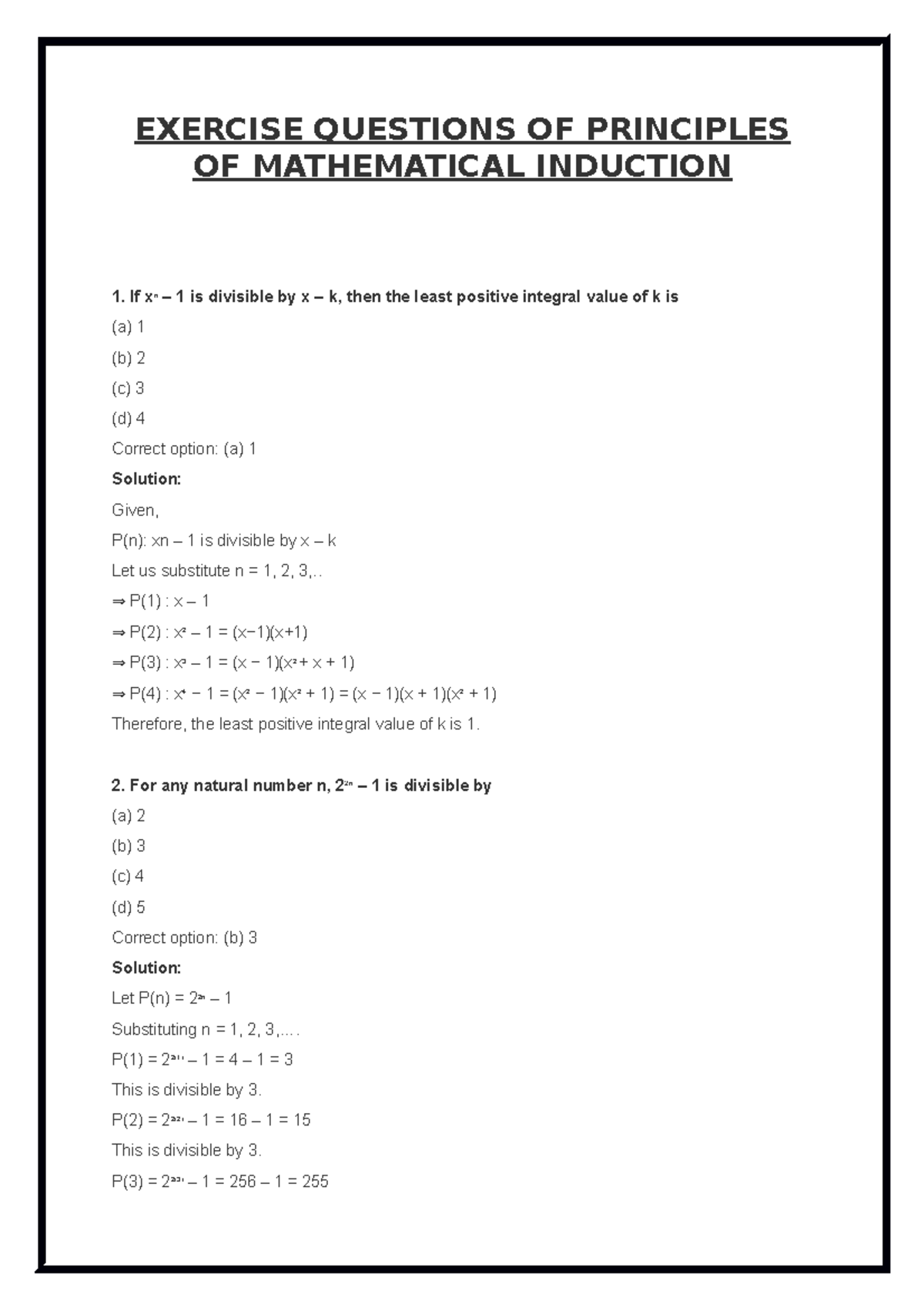 Exercise Questions OF Principles OF Mathematical Induction - EXERCISE ...