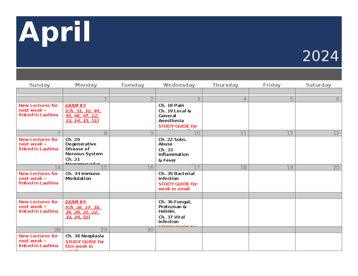 PHRM 203 Online - 4.24 Calendar - April 2024 Sunday Monday Tuesday ...