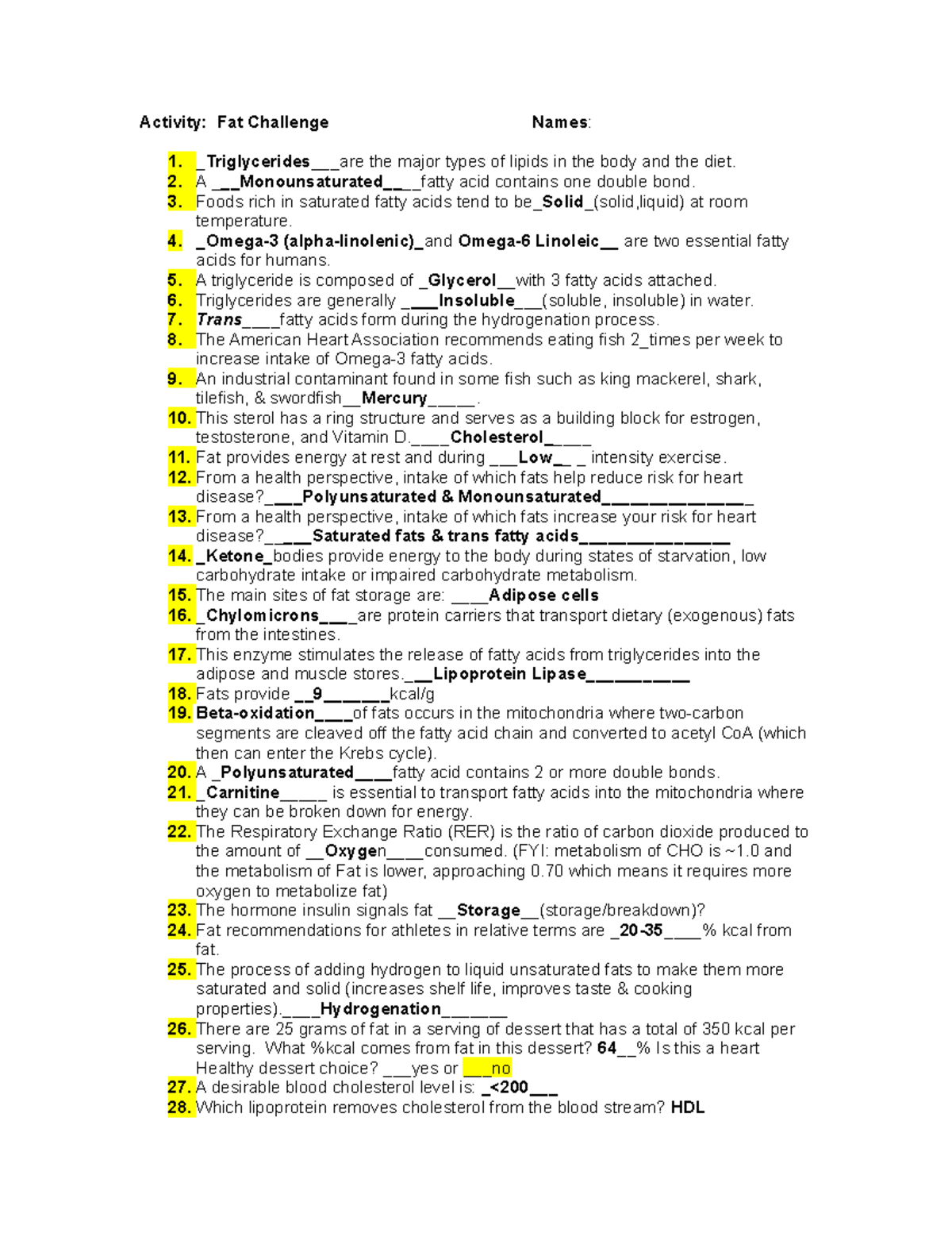 Fat worksheet - Homework assignment - Activity: Fat Challenge Names ...