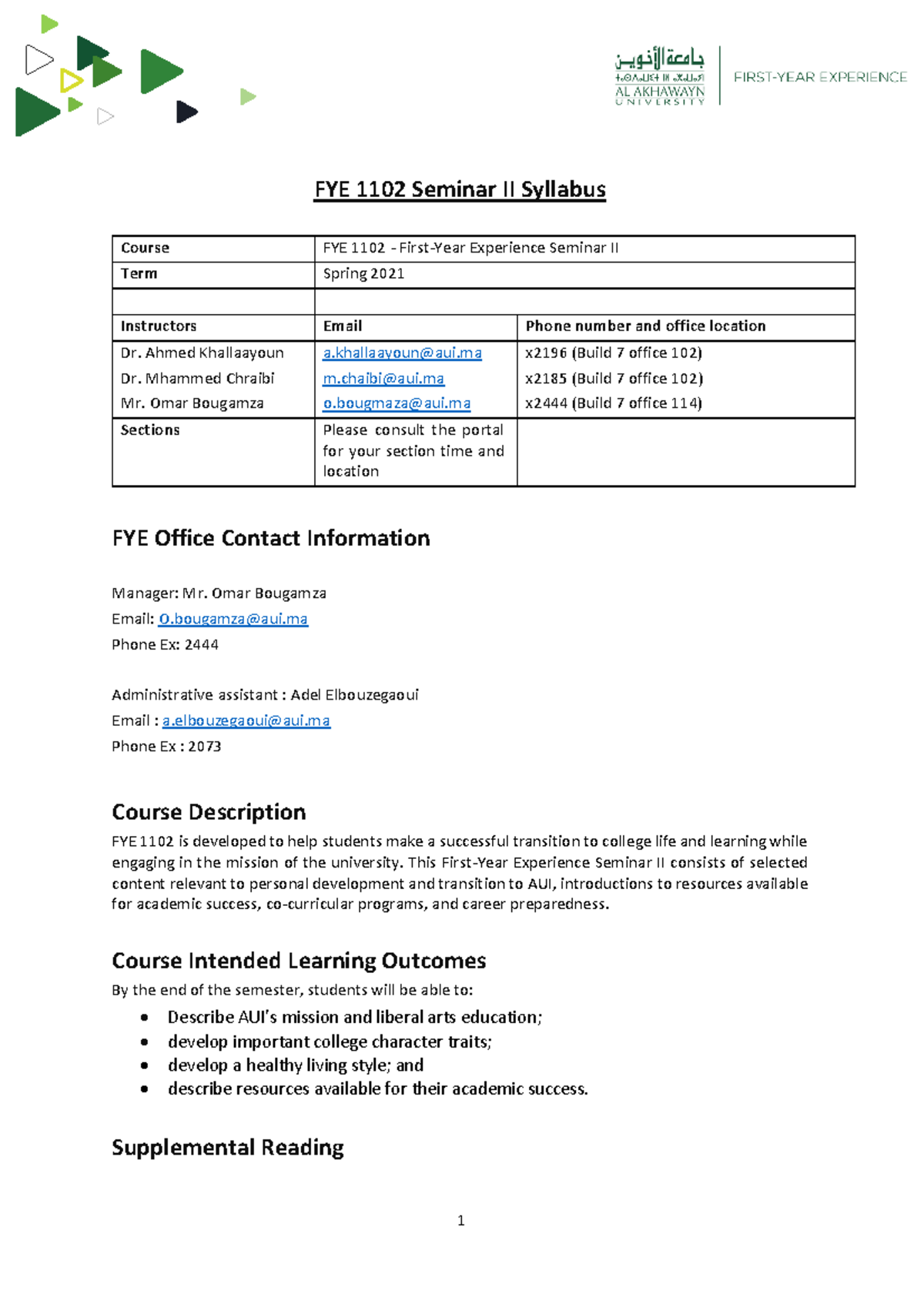 FYE1102 Syllabus Spring 2021 - 1 FYE 1102 Seminar II Syllabus Course ...