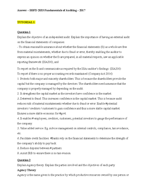 Tutorial 1 - ..... - TUTORIAL 1 Question 1: Importance of auditing To report if there are no ...