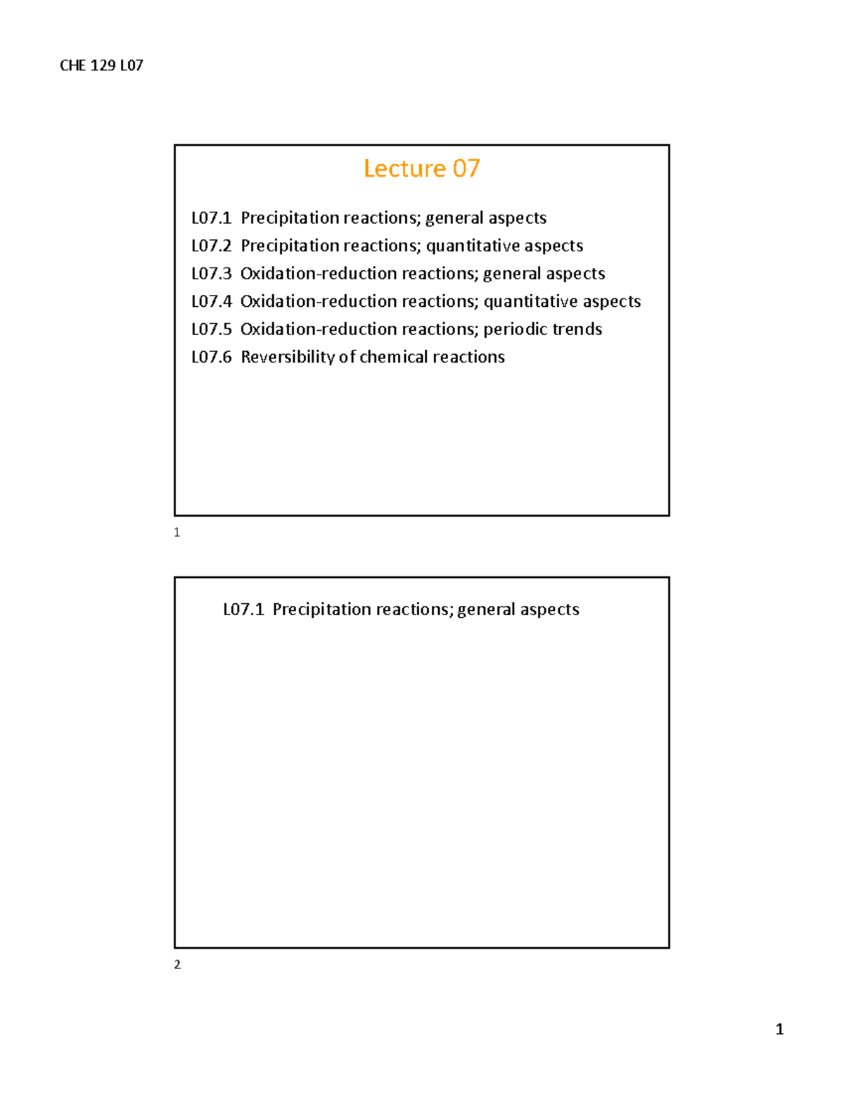 CHE129 Lec 7 - Lecture 07 L07 Precipitation reactions; general aspects L07 Precipitation ...