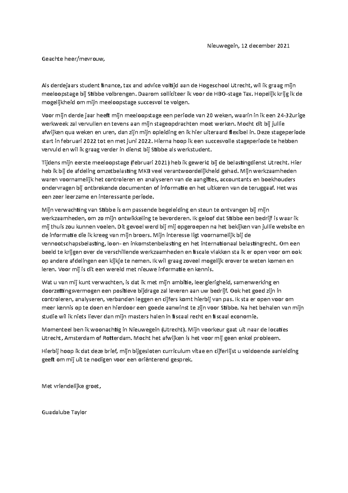 Motivatiebrief G. Taylor (Stibbe) - Nieuwegein, 12 december 2021 ...