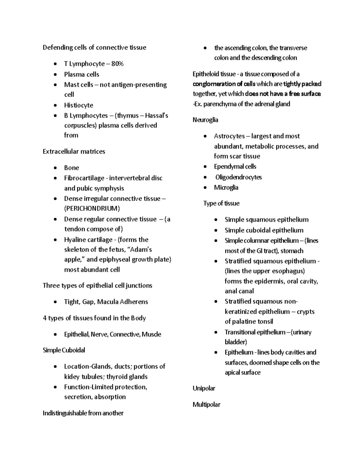 Histology incomplete notes - Defending cells of connective tissue T ...
