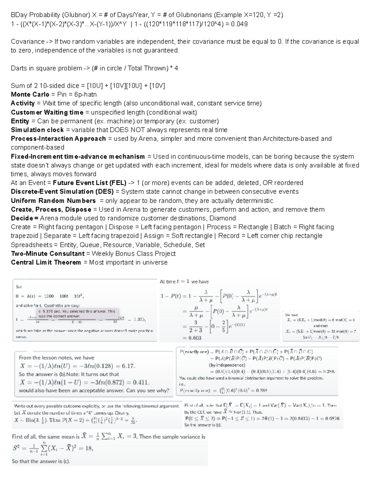 ISYE 6644 Cheatsheet 1-3 - BDay Probability (Glubnor) X = # of Days/Year, Y = # of Glubnorians ...