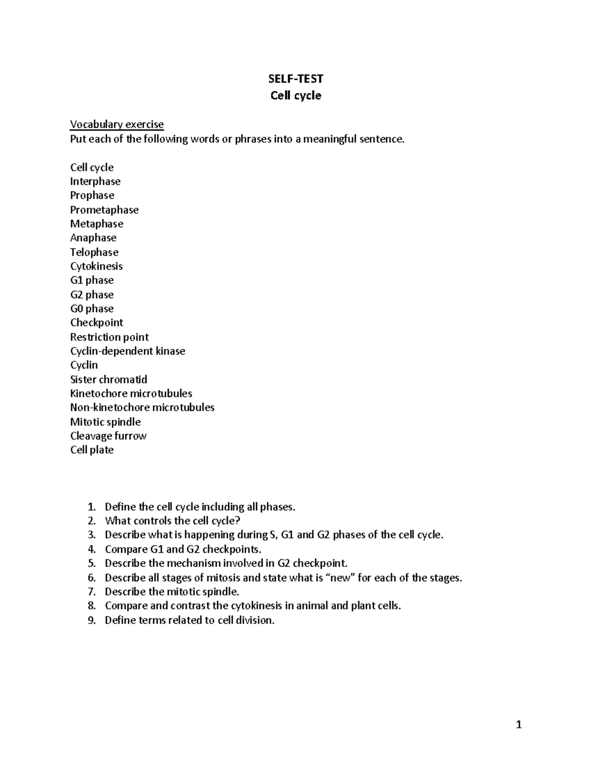 Cell cycle - .... - 1 SELF-TEST Cell cycle Vocabulary exercise Put each ...
