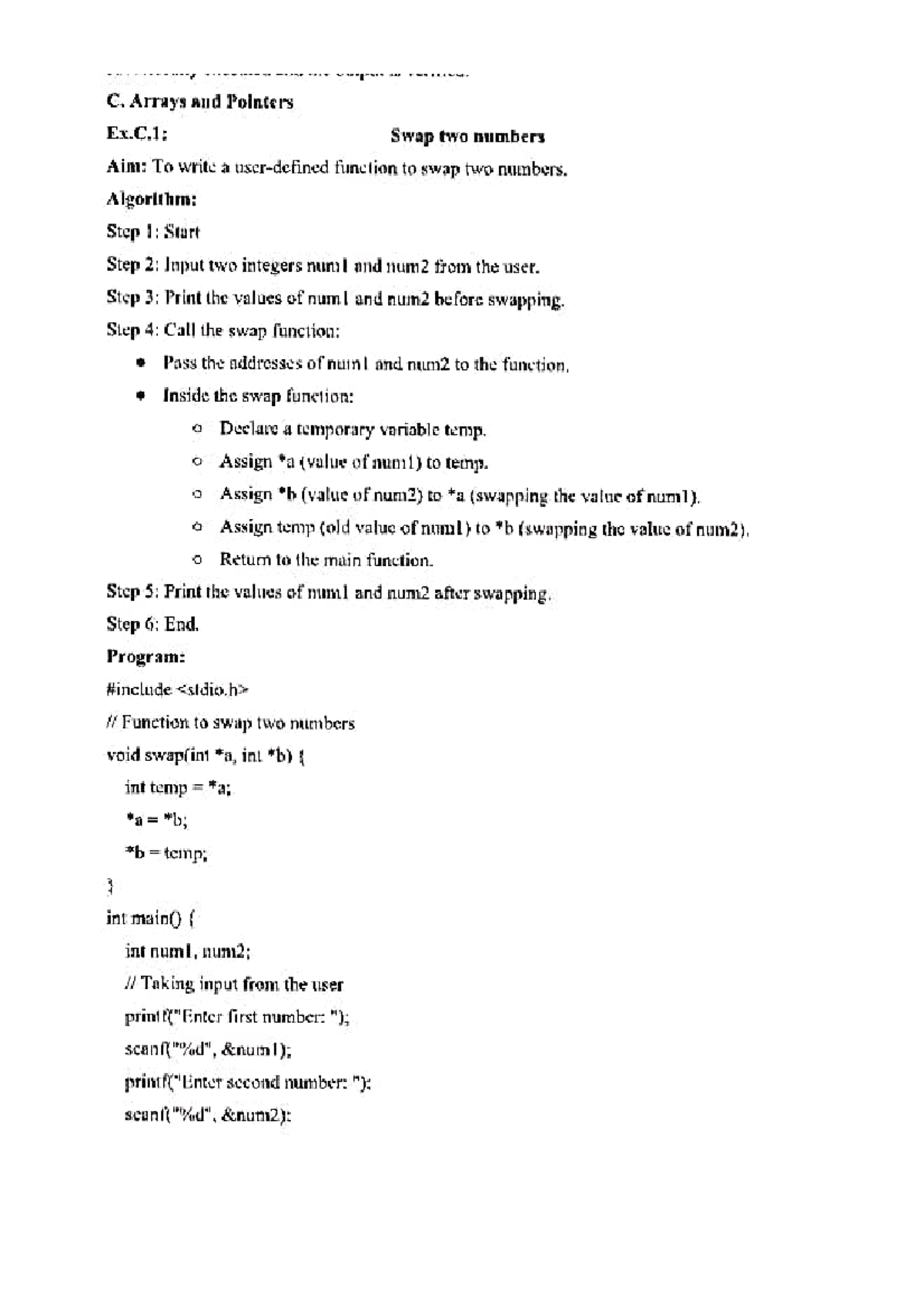 Coding techniques oberservation exercise - C. Arrays and Pointers Ex.C: Swap two numbers Aim: To ...