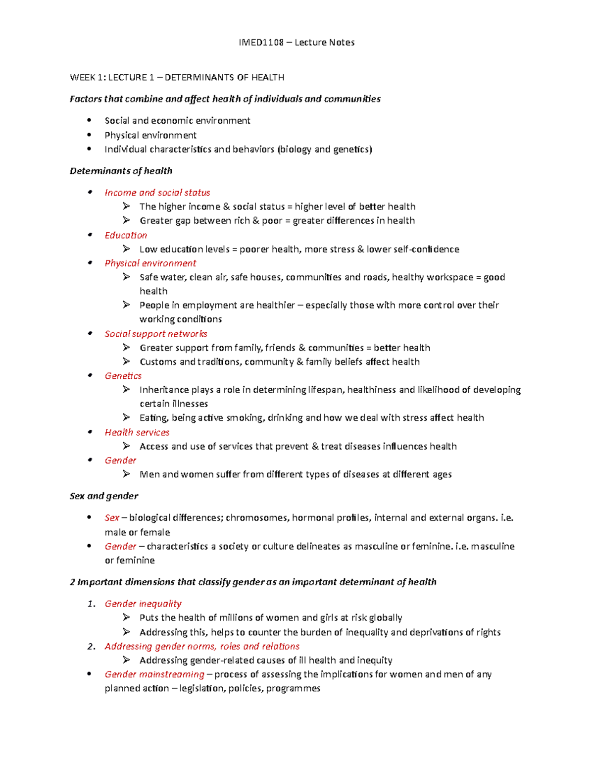 Lecture Notes - WEEK 1: LECTURE 1 – DETERMINANTS OF HEALTH Factors that ...