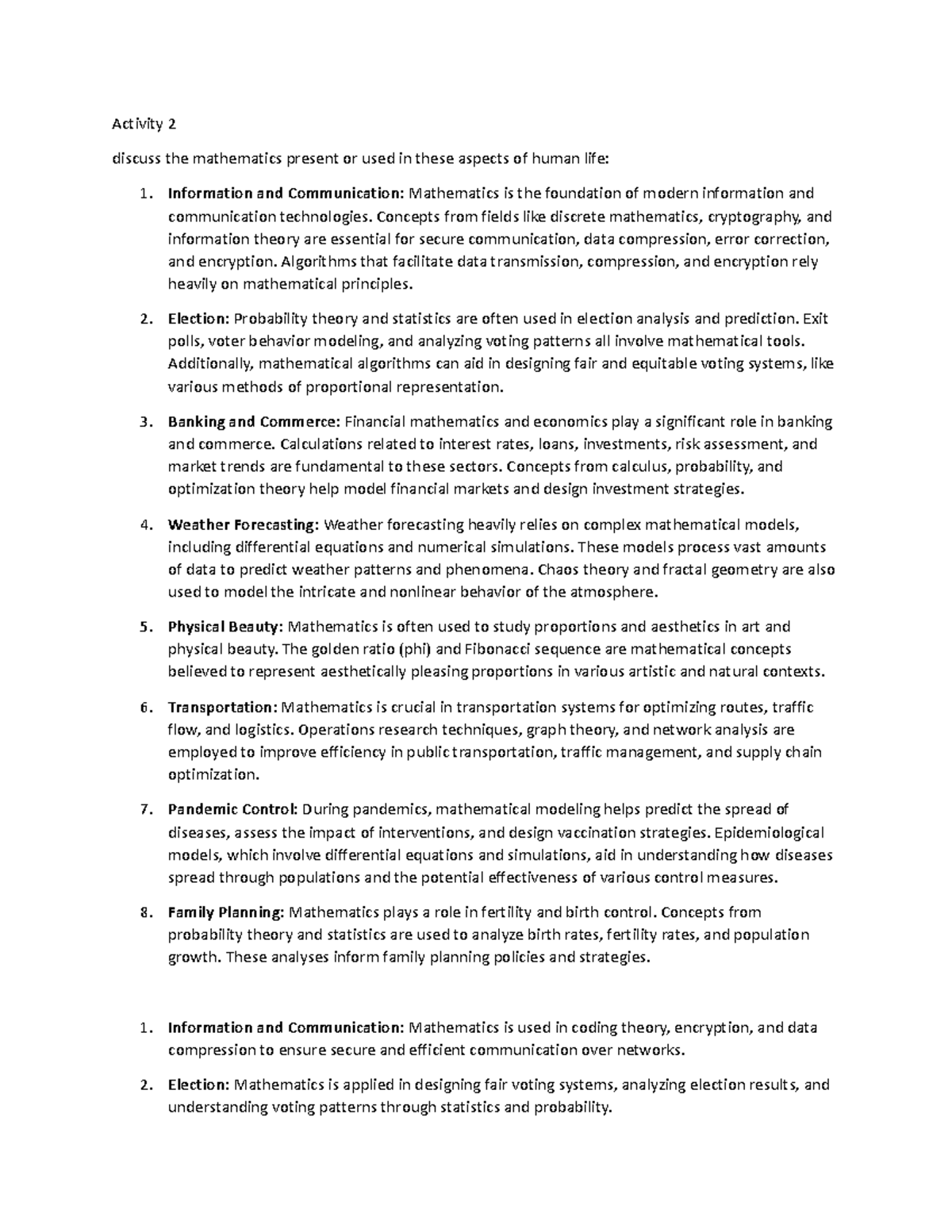 MMW Chapter 1 - Activity 2 discuss the mathematics present or used in ...