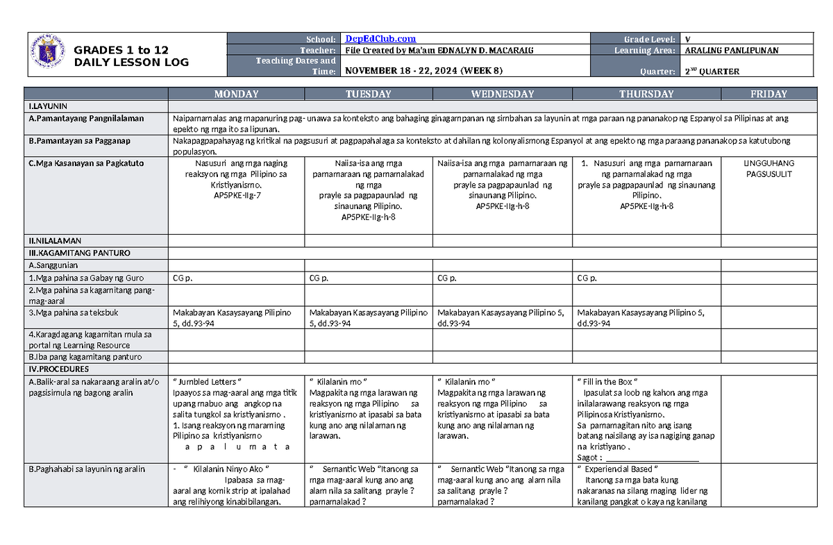 DLL Araling Panlipunan 5 Q2 W8 - GRADES 1 to 12 DAILY LESSON LOG School: DepEdClub Grade Level ...