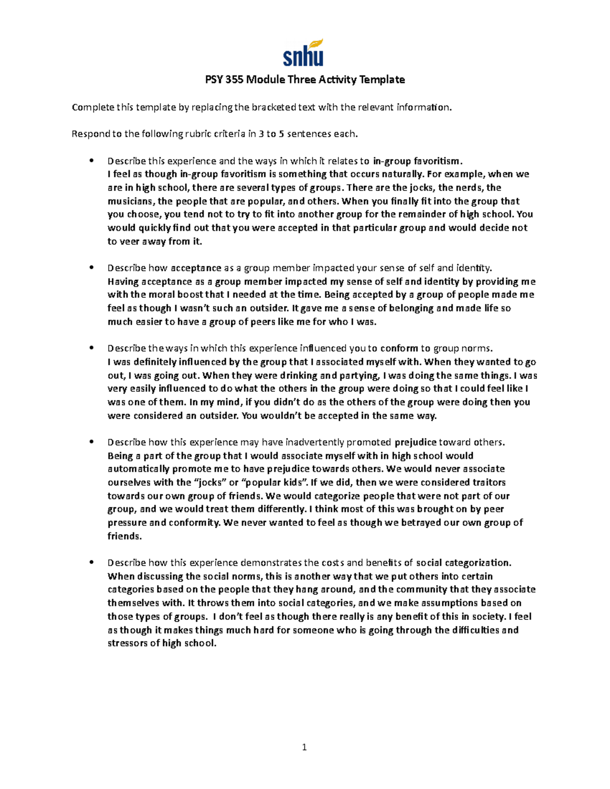 PSY 355 Module Three Activity - Respond to the following rubric ...