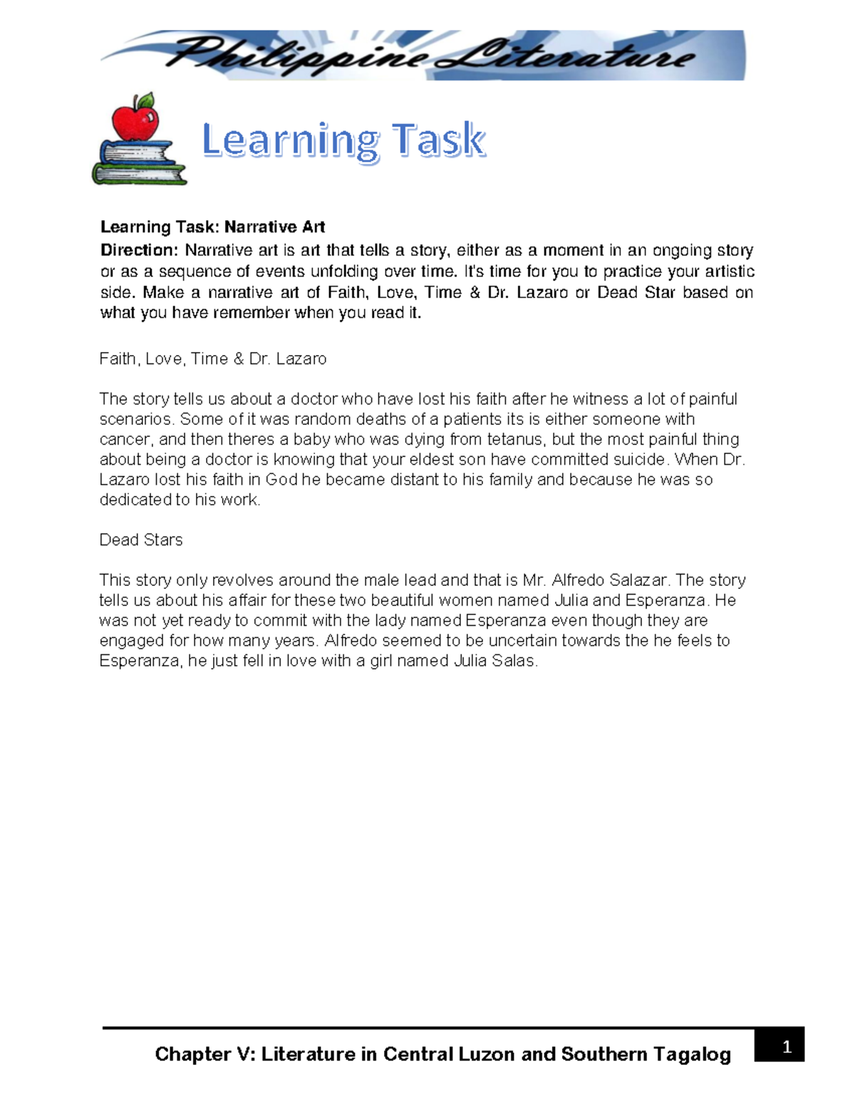 Chapter V Learning TASK Literature IN Central Luzon AND Southern ...