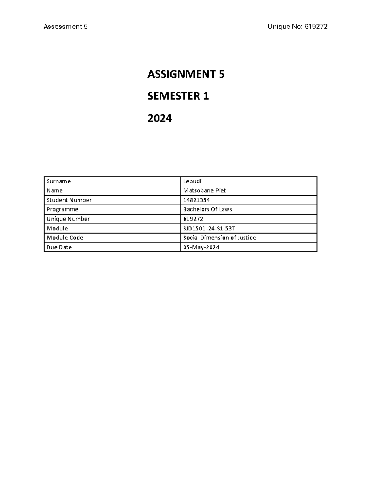 SJD1501-24-S1-53T Assessment 5 - ASSIGNMENT 5 SEMESTER 1 2024 Surname ...