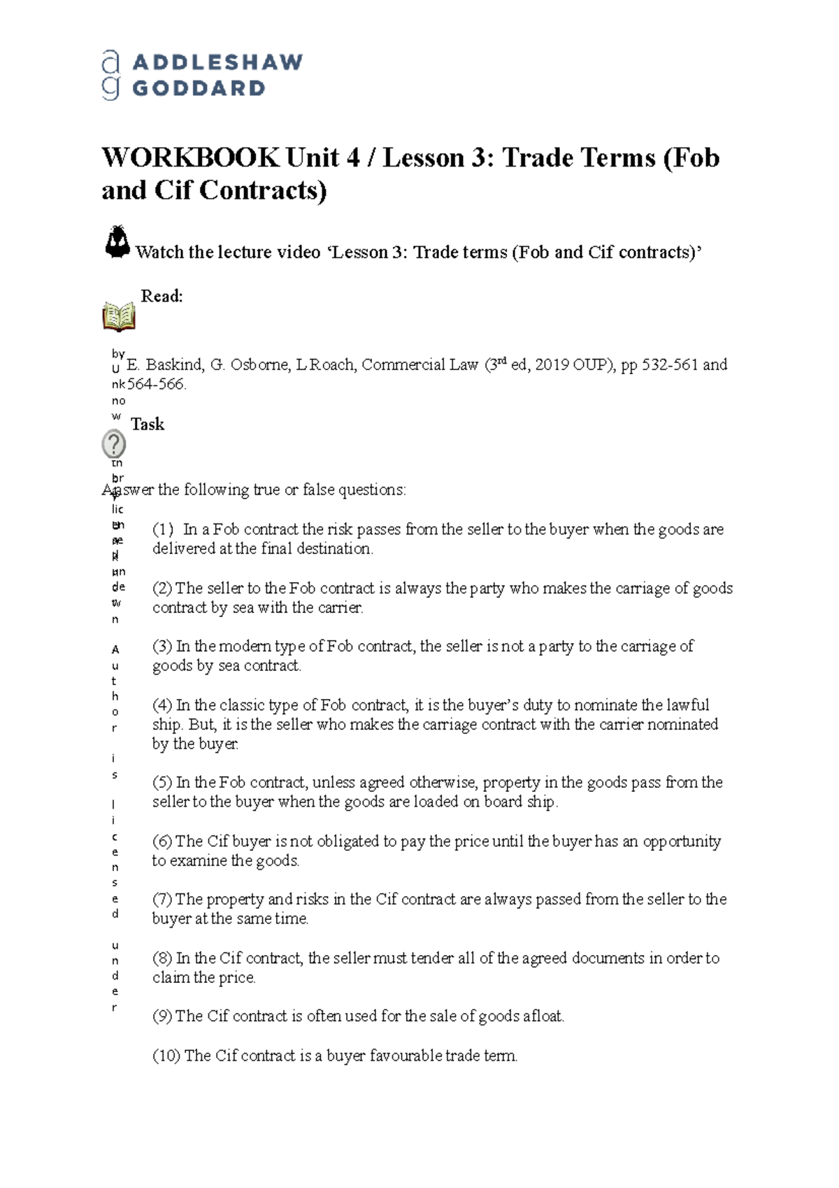 Unit 4 Lesson 3 Trade terms - Fob and Cif contracts (Workbook ...