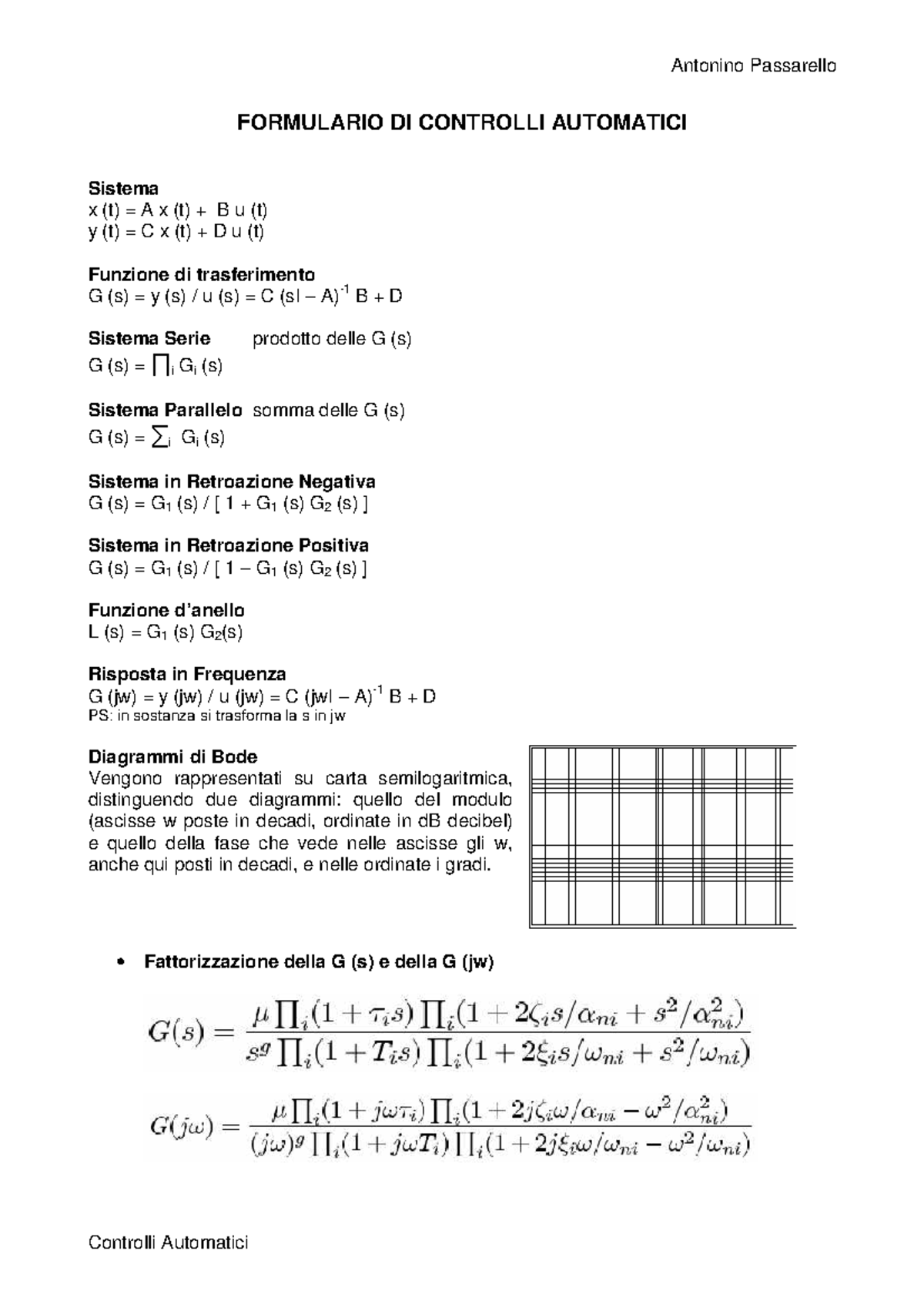 Formulario Controlli - FORMULARIO DI CONTROLLI AUTOMATICI Sistema x (t ...