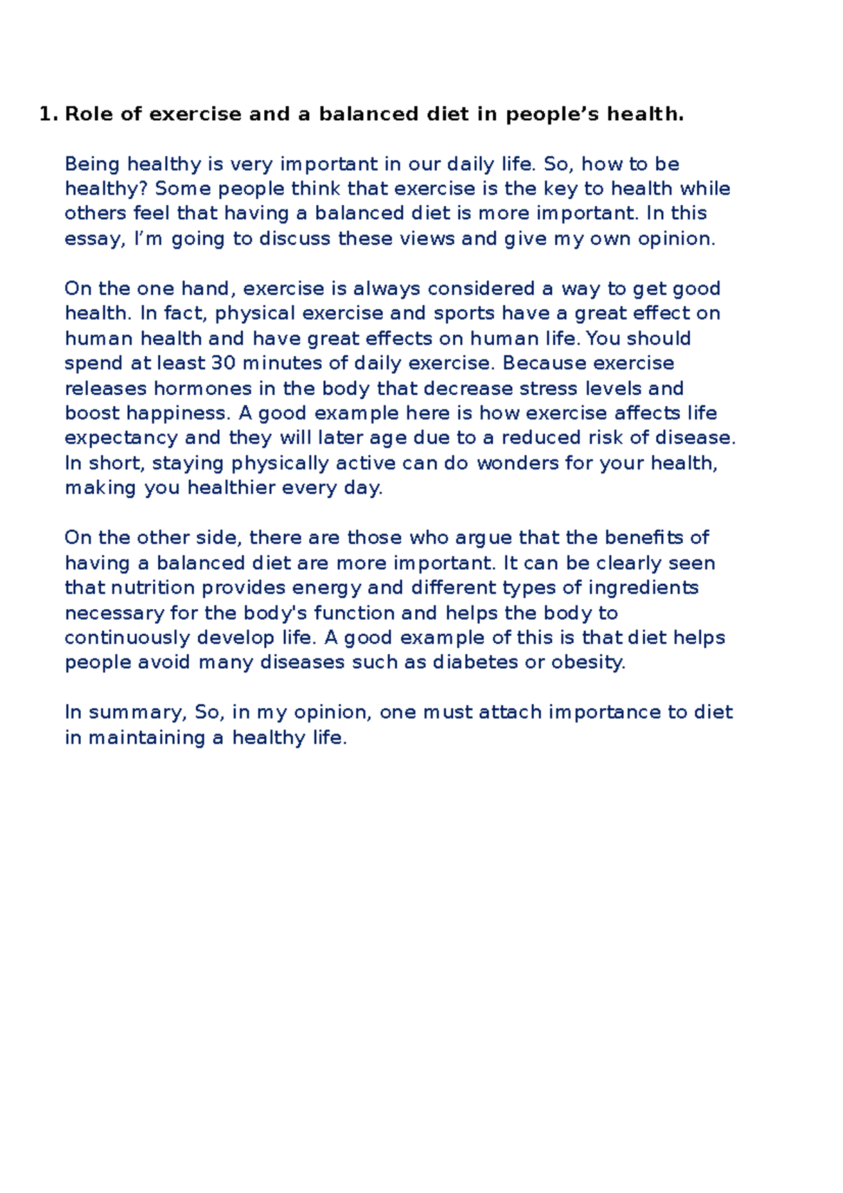 Writing topics for B2 TC 2019 - Role of exercise and a balanced diet in ...